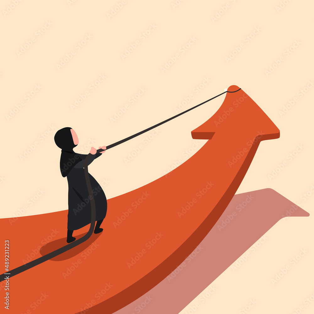 Business concept flat Arabian businesswoman pulling big red arrow with ...