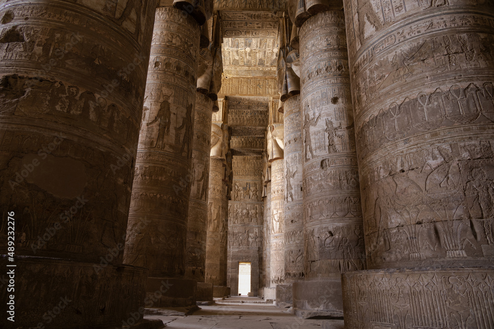 The magnificent Hathor columns in the Hypostyle Hall at the Temple of ...