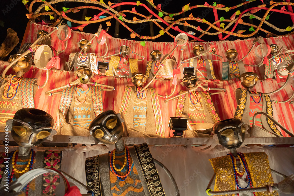Night image of decorated Durga Puja pandal, shot at colored light, at ...