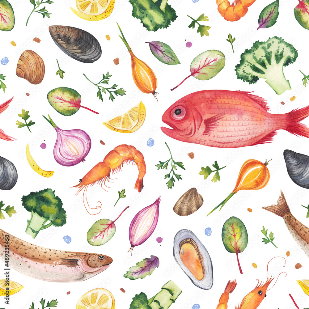 Watercolor underwater seamless pattern. Hand-drawn realistic background ...