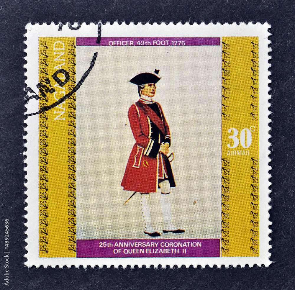 Cancelled postage stamp printed by Nagaland, that shows Officer 49th ...