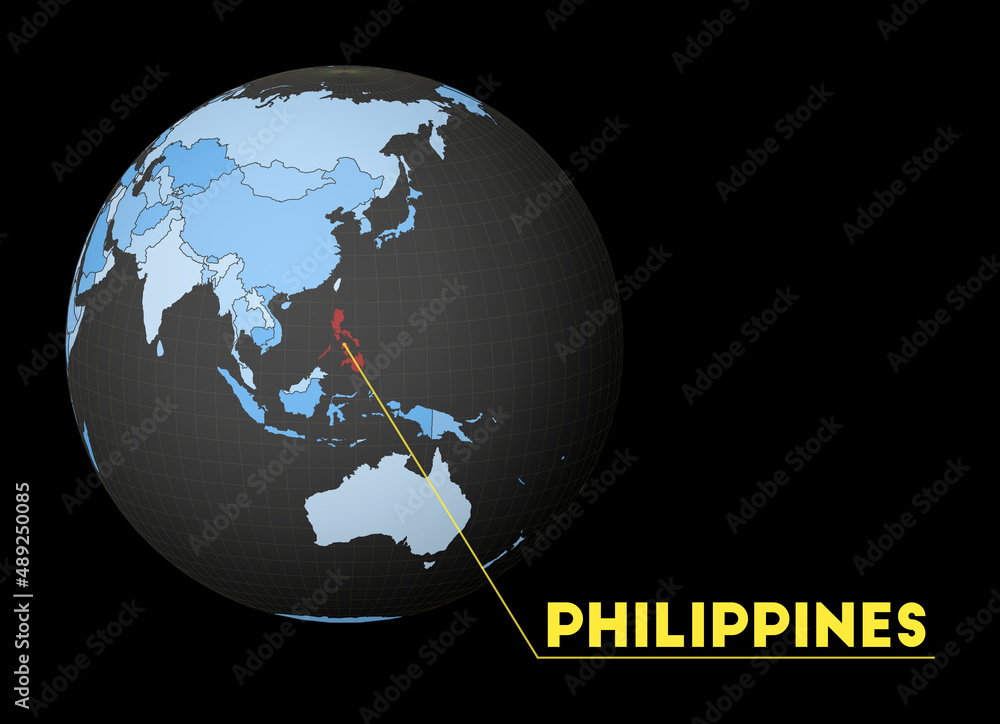 Philippines on dark globe with blue world map. Red country highlighted ...