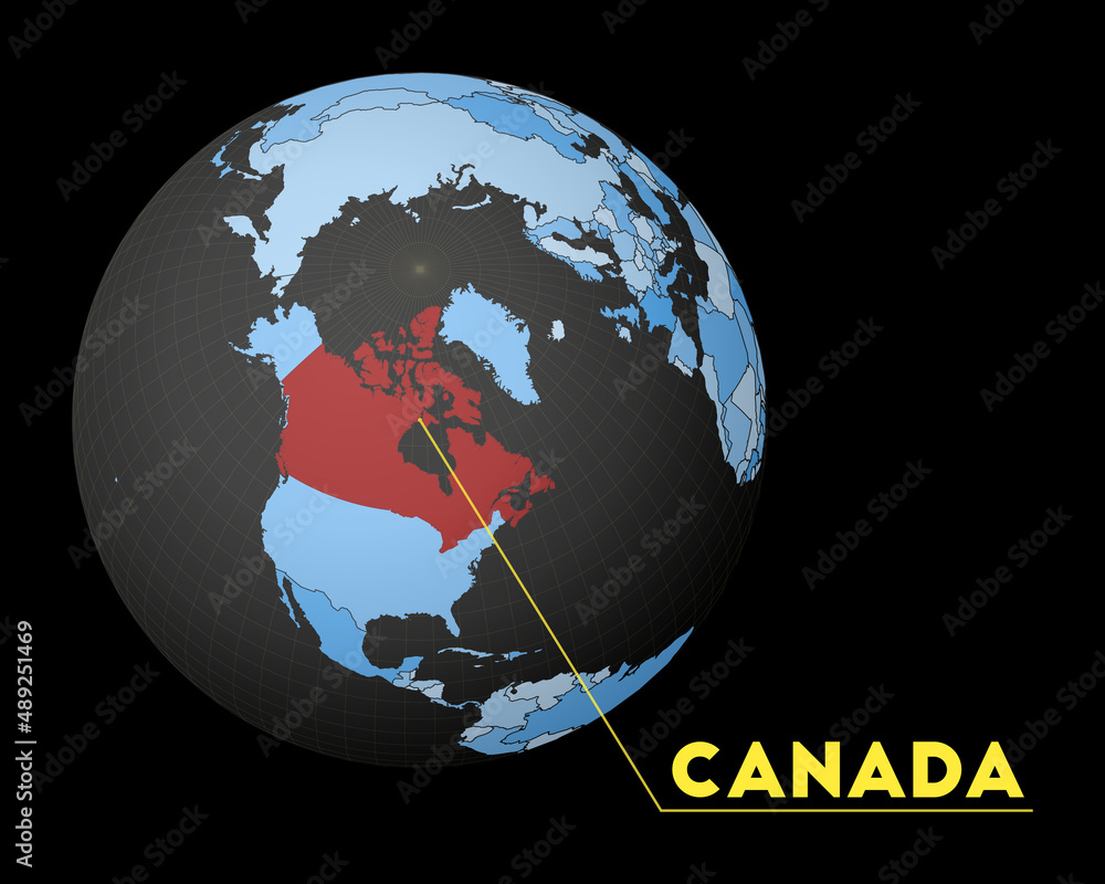 Canada on dark globe with blue world map. Red country highlighted ...