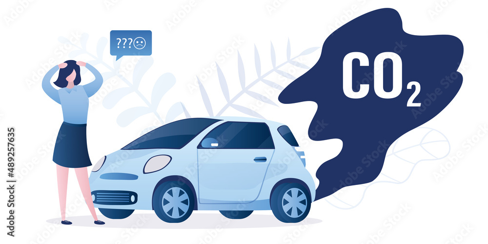 Modern car with smoke. Air pollution, ecology problem. High emission ...