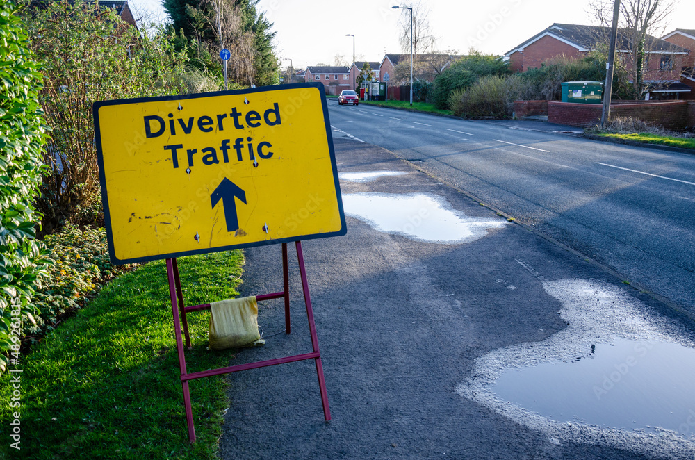 Road signs warning motorists of diverted traffic and road closures due ...