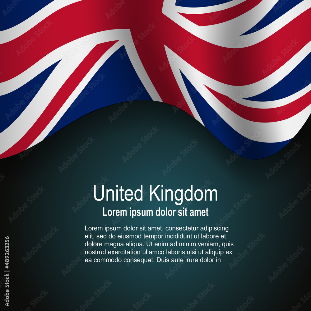 Flag of United Kingdom flying on dark background with text Stock Vector ...