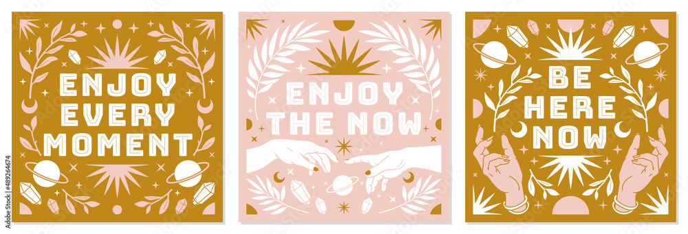 Boho celestial vector posters with inspirational quotes in trendy ...