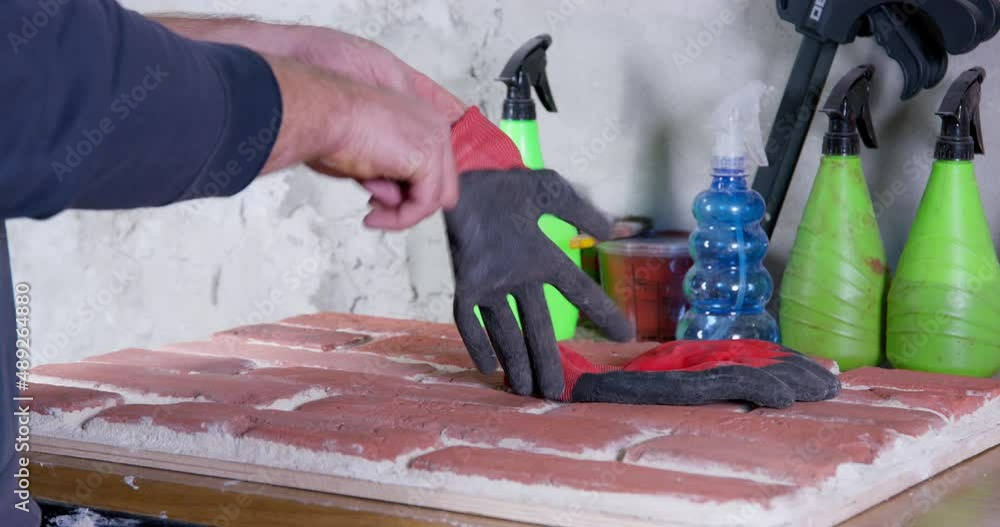 Man puts on rubber gloves on hands to work with casts of bricks ...