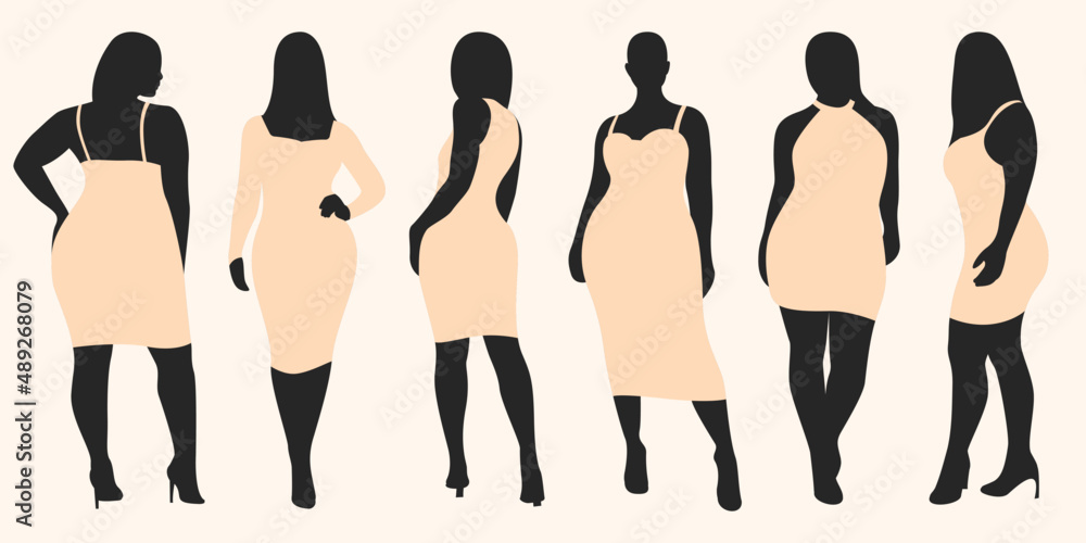 Curvy woman in summer dress vector set. Women silhouette. Stock Vector ...