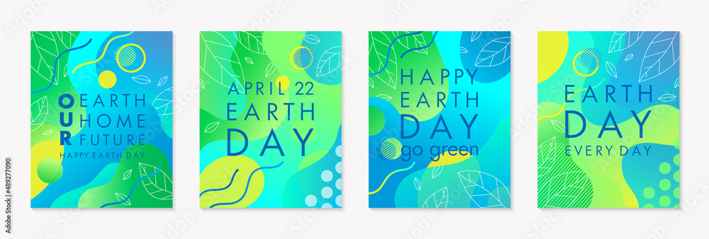 Set of Earth Day posters with green gradient backgrounds,liquid shapes ...