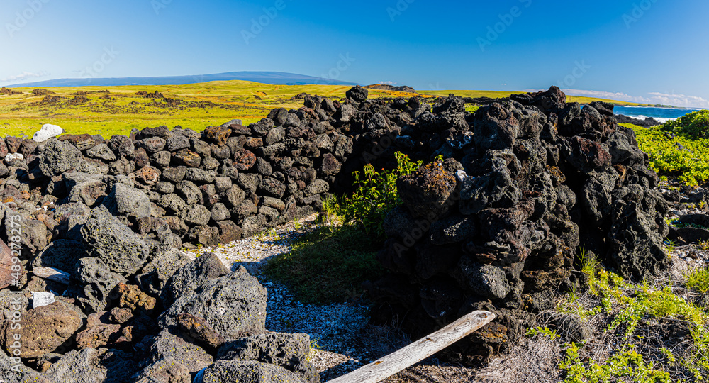 Ancient Hawaiian Structure with Mauna Loa Volcano on The Papakolea ...