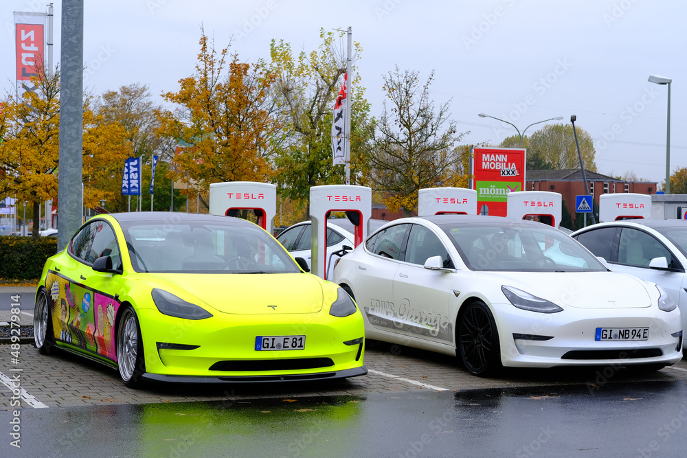 Frankfurt, Germany, October 2021: many Tesla light electric cars ...