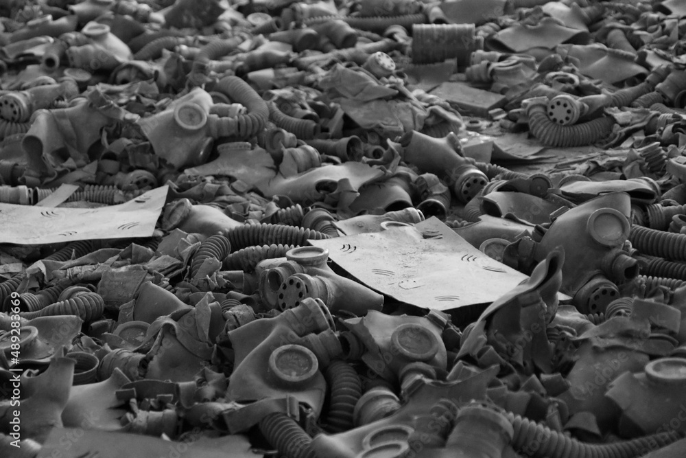 Gas masks litter the floor of a school in Pripyat, Chernobyl, Ukraine ...