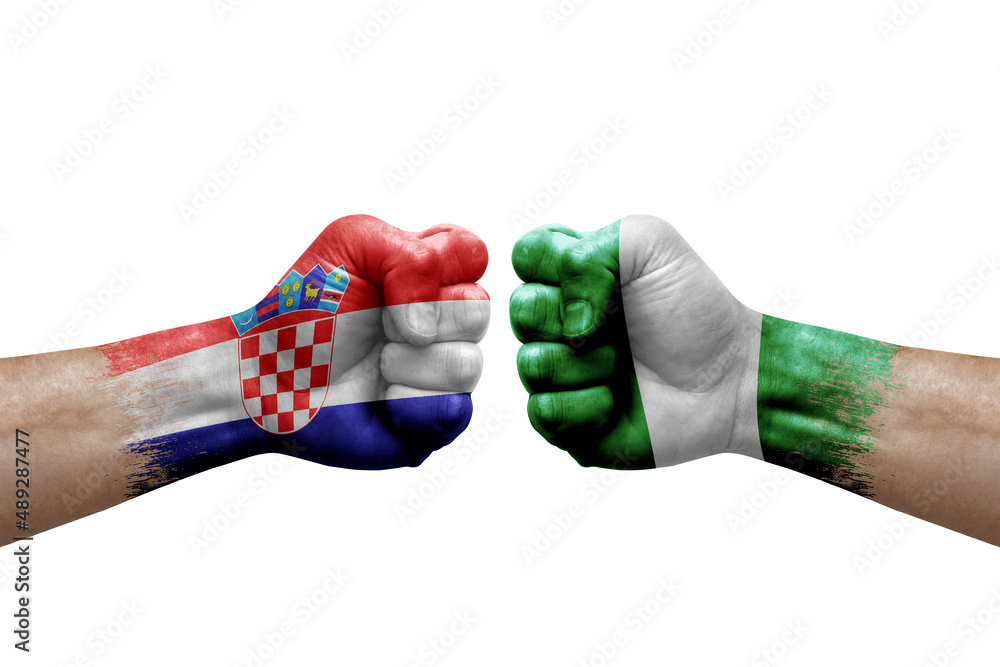 Two hands punch to each others on white background. Country flags ...
