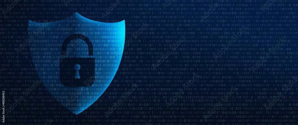 ภาพประกอบสต็อก Shield with Padlock icon on binary code with blue ...