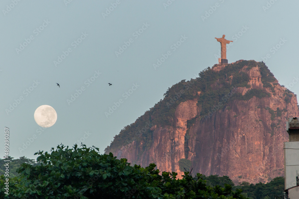 Full moon with Christ the Redeemer in Rio de Janeiro, Brazil Stock ...