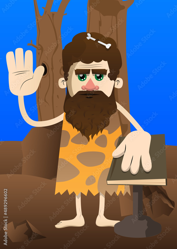 Cartoon prehistoric man raising his hand and put the other on a holy ...
