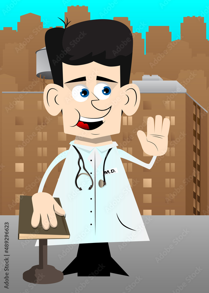 Funny cartoon doctor raising his hand and put the other on a holy book ...