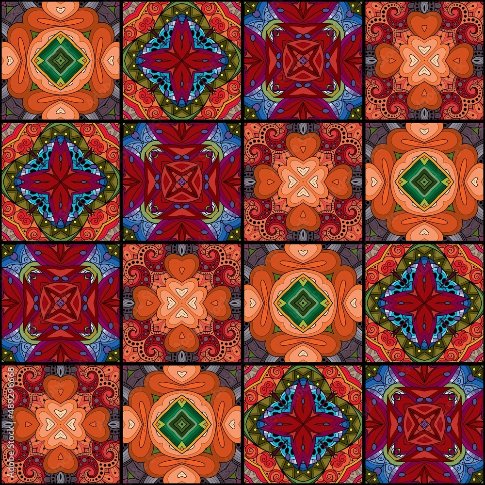 Seamless Tile Pattern, Crazy Patchwork Quilt Ornament. Endless Ethnic Texture with Square Ornate ...