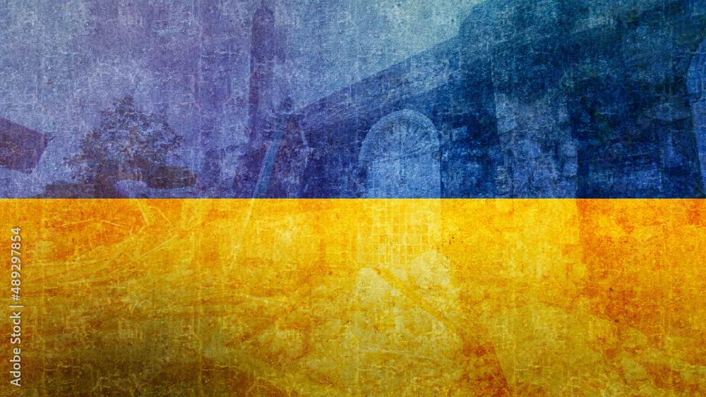 A map of Ukraine with scenes of war and destruction in the back ...
