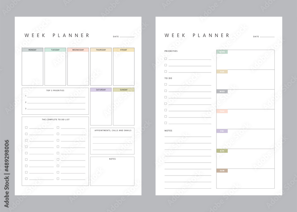 2 Set of minimalist planners. Weekly planner template. Clear and simple ...