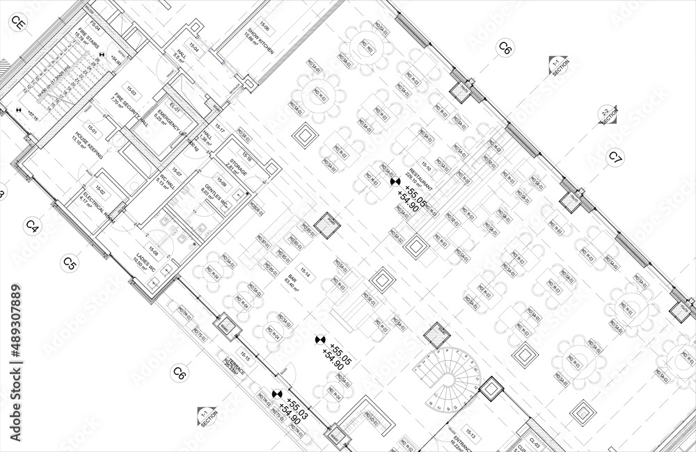 Blueprint drawing of a furnished restaurant, Architectural plan ...