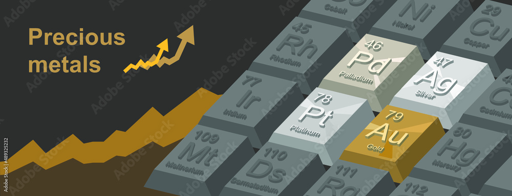 Precious metals on periodic table. Gold, silver, platinum and palladium ...