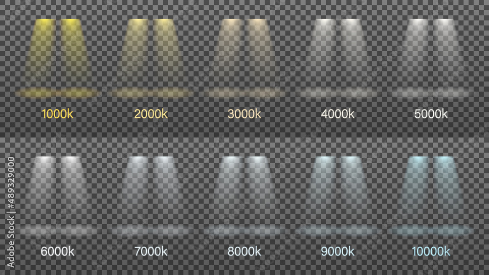 Set of light from lamps, spotlights. Color temperature from 1000 to ...