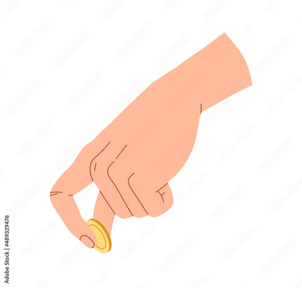 Gold coin squeezed between fingers and scratching. Hand holding cash ...