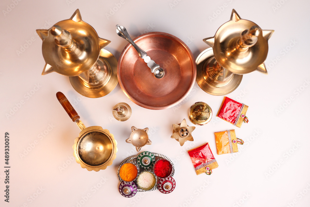 Indian traditional samai or samayee brass lamp, puja thali with ...