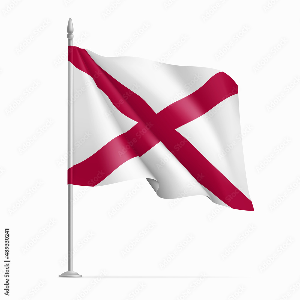 State flag of Alabama waving in the wind. White background with dark ...