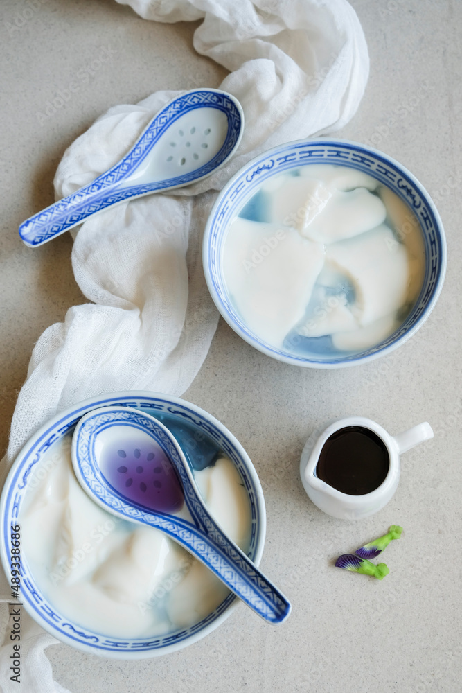 Delicious homemade dessert. Douhua aka Soybean Pudding with Gula Melaka ...