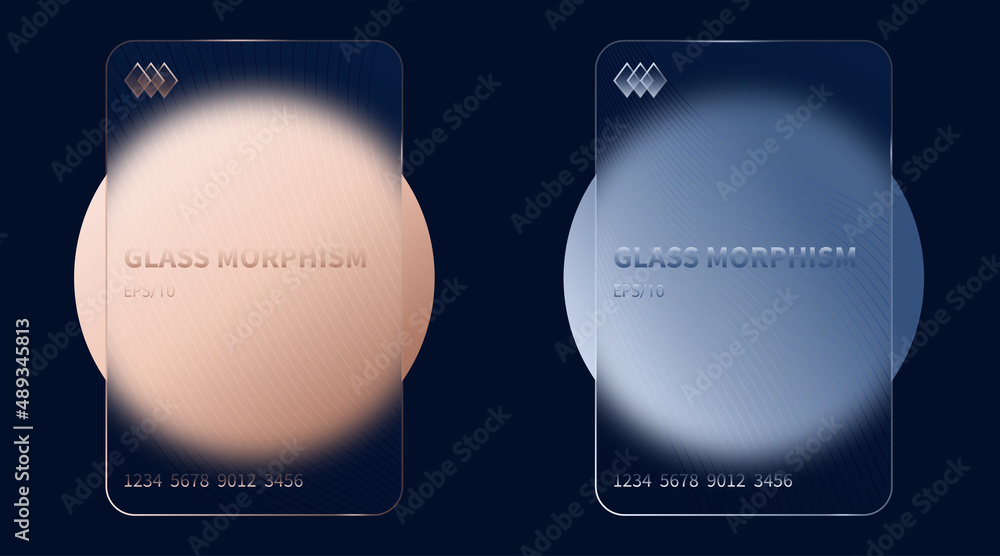 Glass morphism effect. Transparent frosted acrylic bank cards. Gold ...
