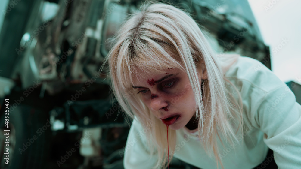 Caucasian Female Kneeling Down on The Floor With Blood Dripping Down ...