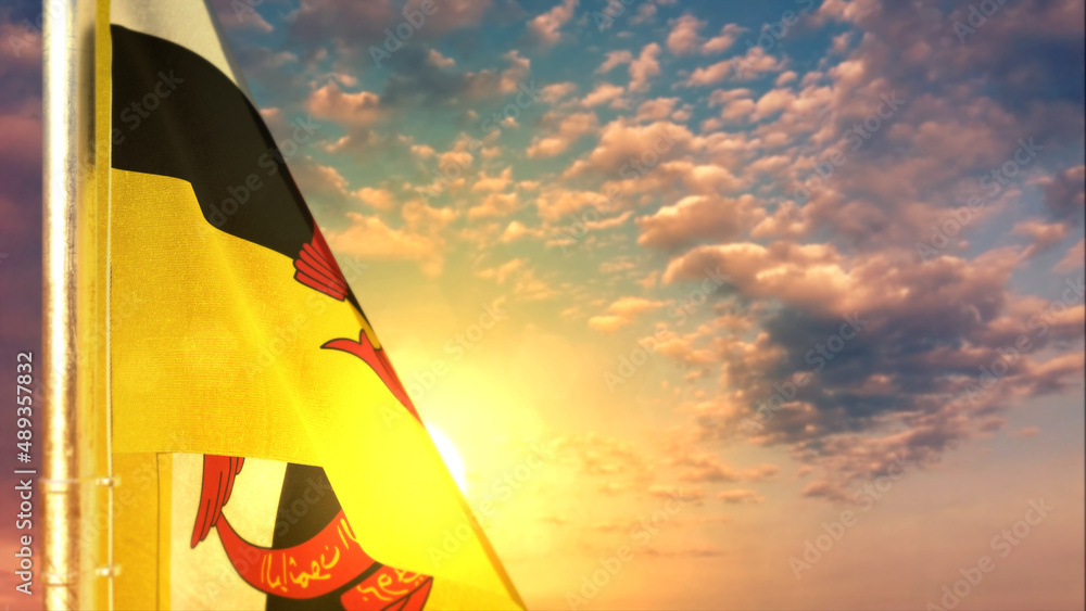 Brunei Darussalam flag is hanging on sundown sky for national ...