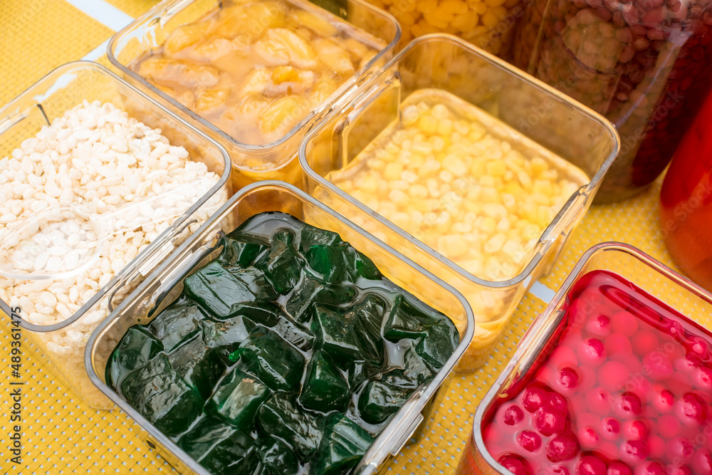 Ingredients of Halo-halo, a FIlipino dessert - Jackfruit, rice pinipig ...