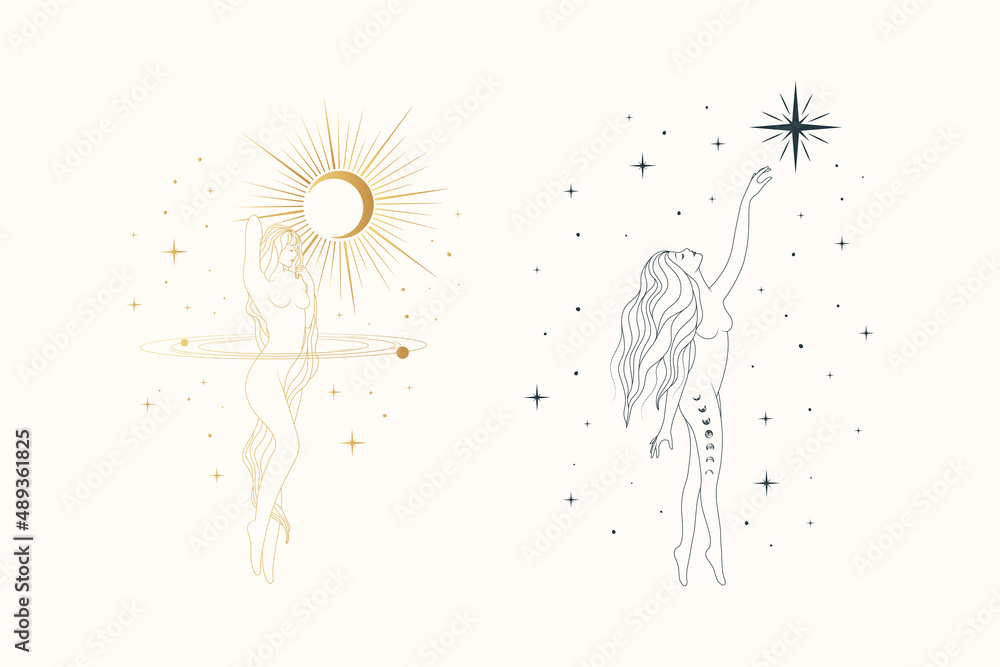 Celestial women line art vector set. Beautiful goddesses against the ...