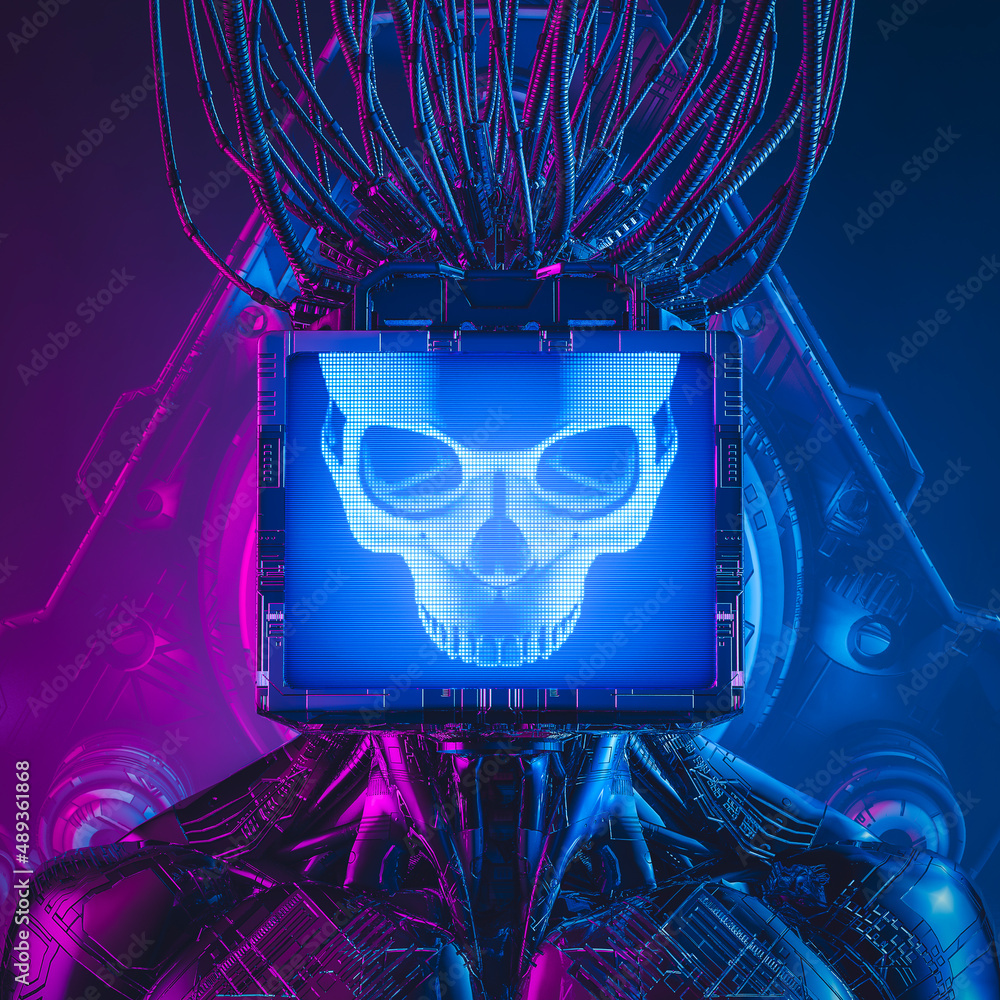 Artificial intelligence monitor head skull - 3D illustration of science ...