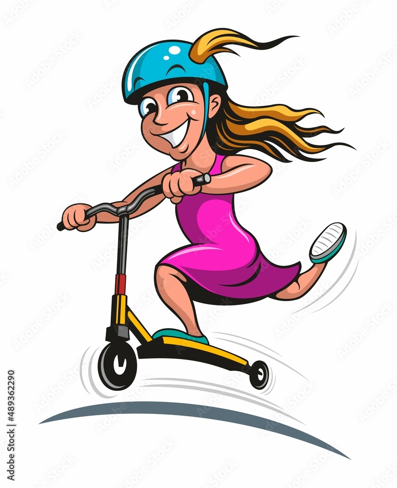 Girl riding a stunt scooter, funny girl vector illustration, cartoon ...