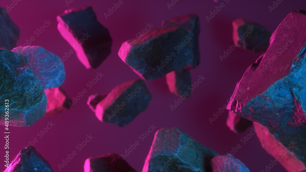 Rocks set on neon blue pink background. Fly rocks pieces background ...