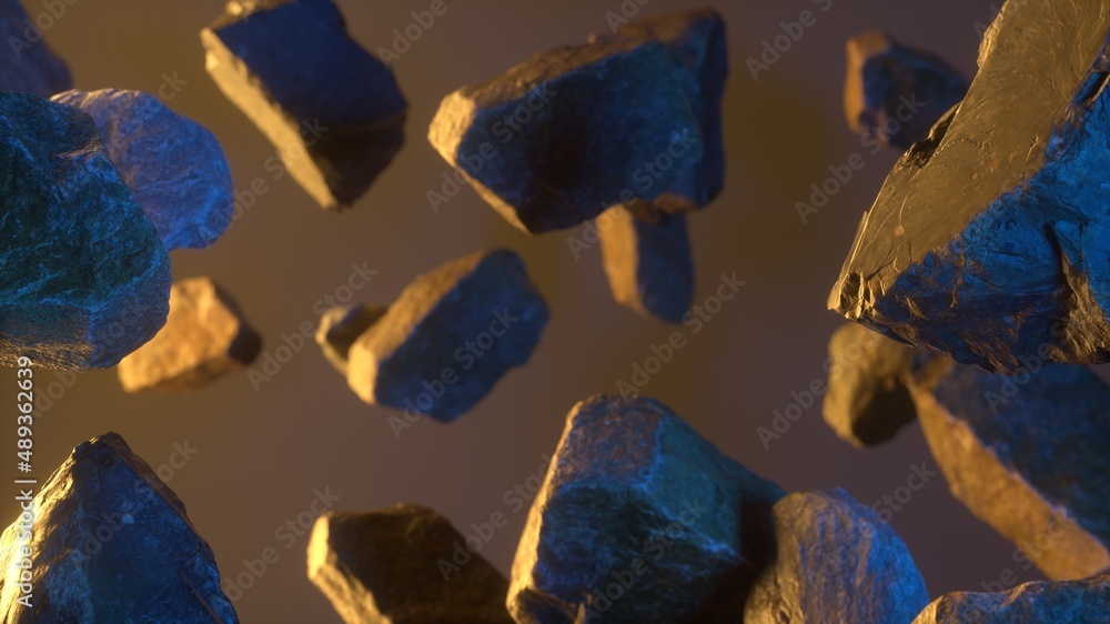 Rocks set on neon blue orange background. Fly rocks pieces background ...