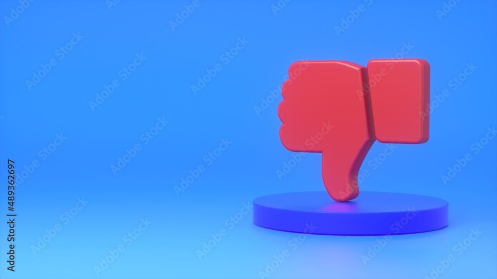 Red rejection sign on a dark blue podium on a blue background. The ...