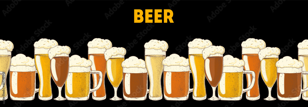 Beer glasses. Pub or bar menu design template. Horizontal seamless ...