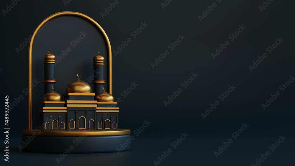 Ramadan kareem islamic greeting background with gold mosque on podium ...