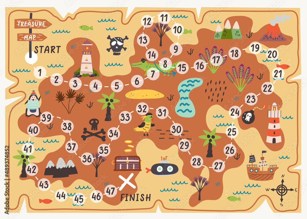 Horizontal Pirate Treasure Map. Creator map for children. Doodle ...
