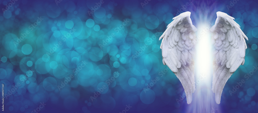 Angel Wings blue bokeh wide message background - pair of white angel ...