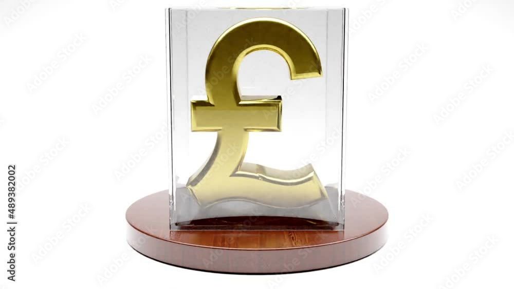 Sterling Pound sign with Golden colour spinning in glass showcase on ...