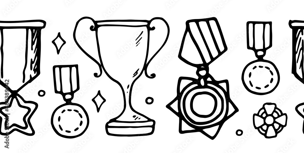 horizontal border of cups and medals. Seamless vector stripe border ...