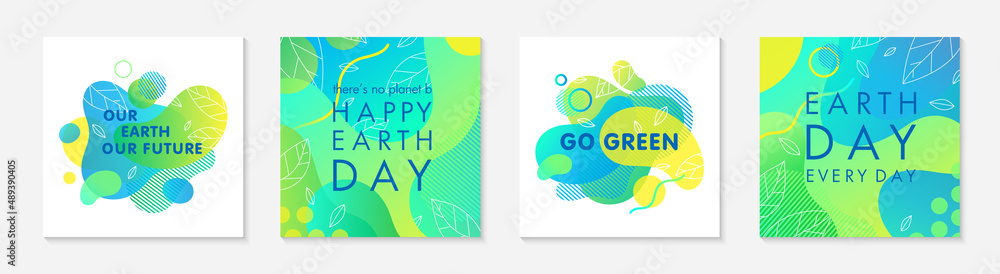 Set of Earth Day posters with green gradient backgrounds,liquid shapes ...