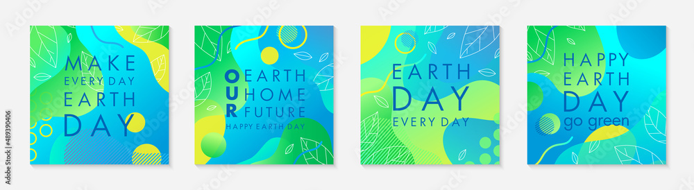 Set of Earth Day posters with green gradient backgrounds,liquid shapes ...